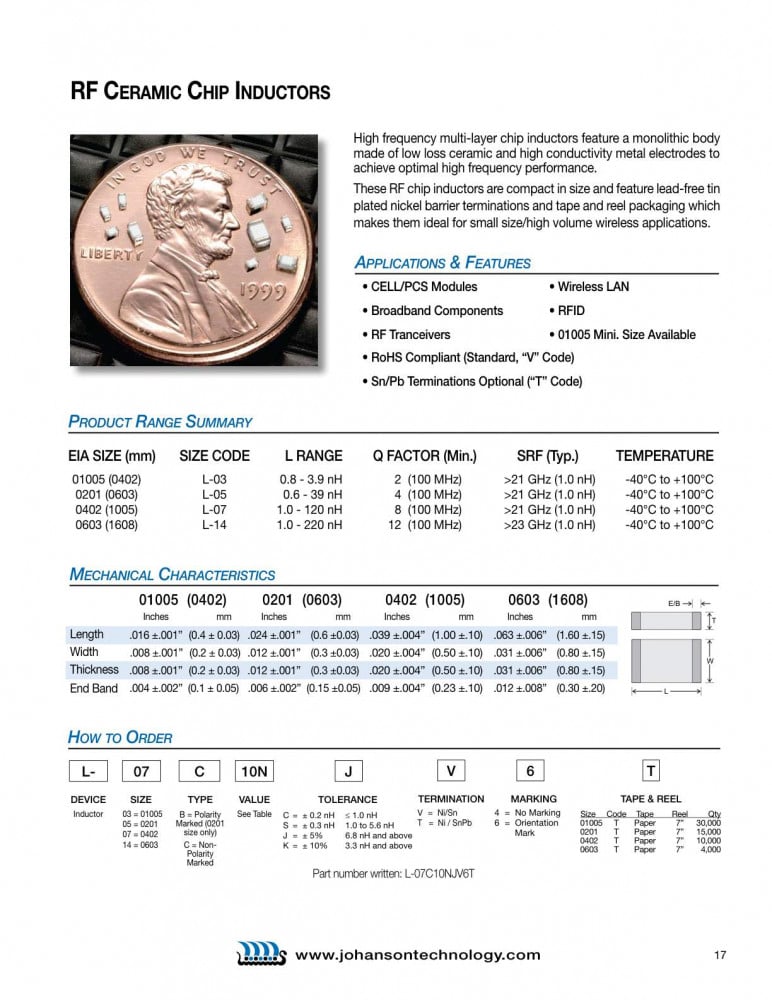 Johanson Dielectrics RF ceramic chip inductor document page 1