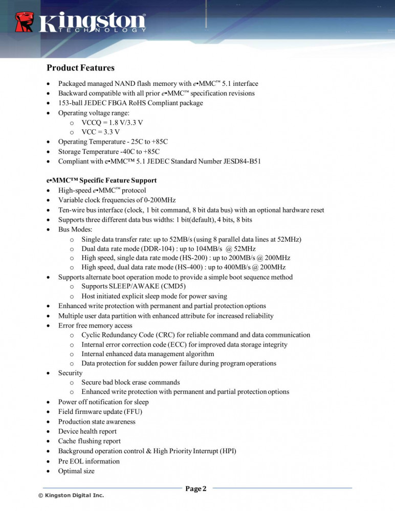 Kingston eMMC datasheet page 2