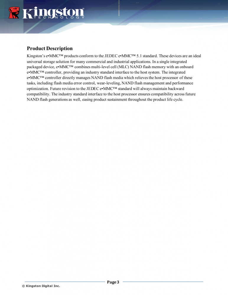 Kingston eMMC datasheet page 3