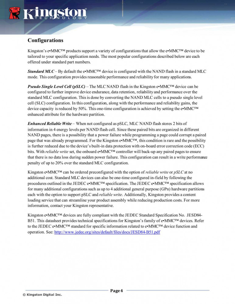 Kingston eMMC datasheet page 4
