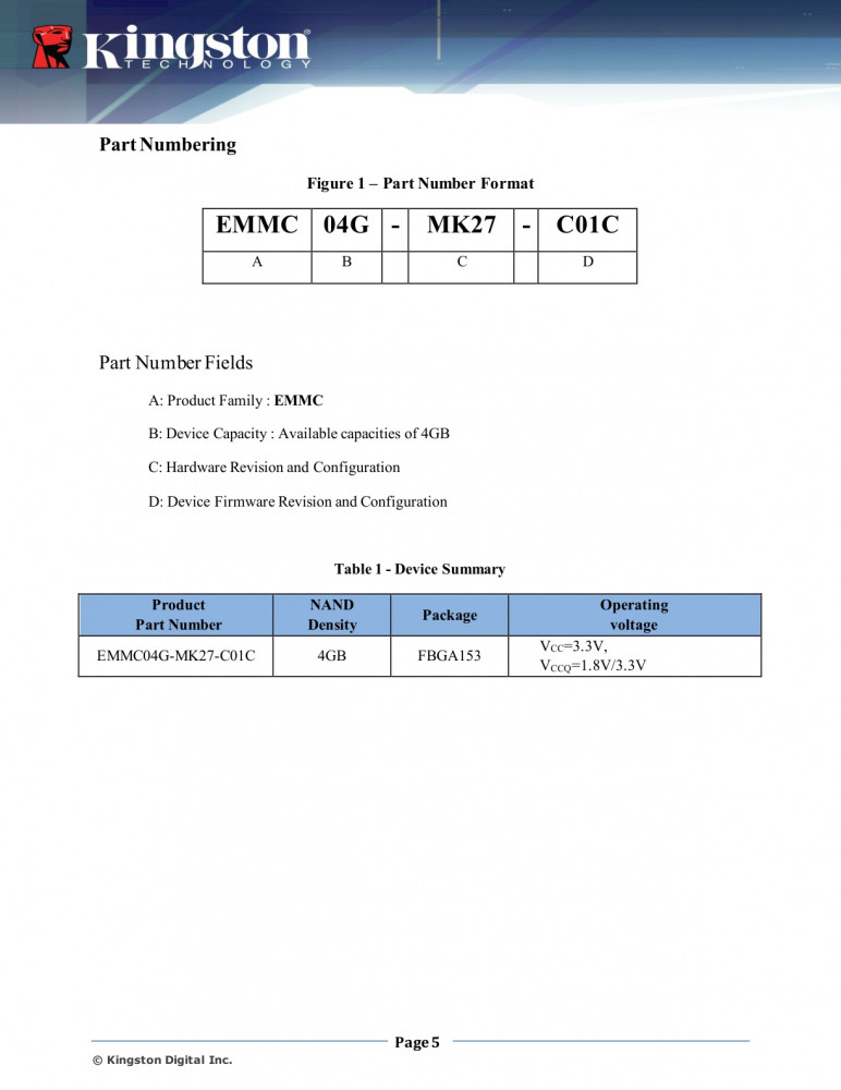 Kingston eMMC datasheet page 5
