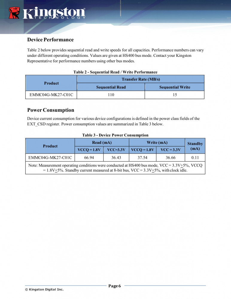 Kingston eMMC datasheet page 6