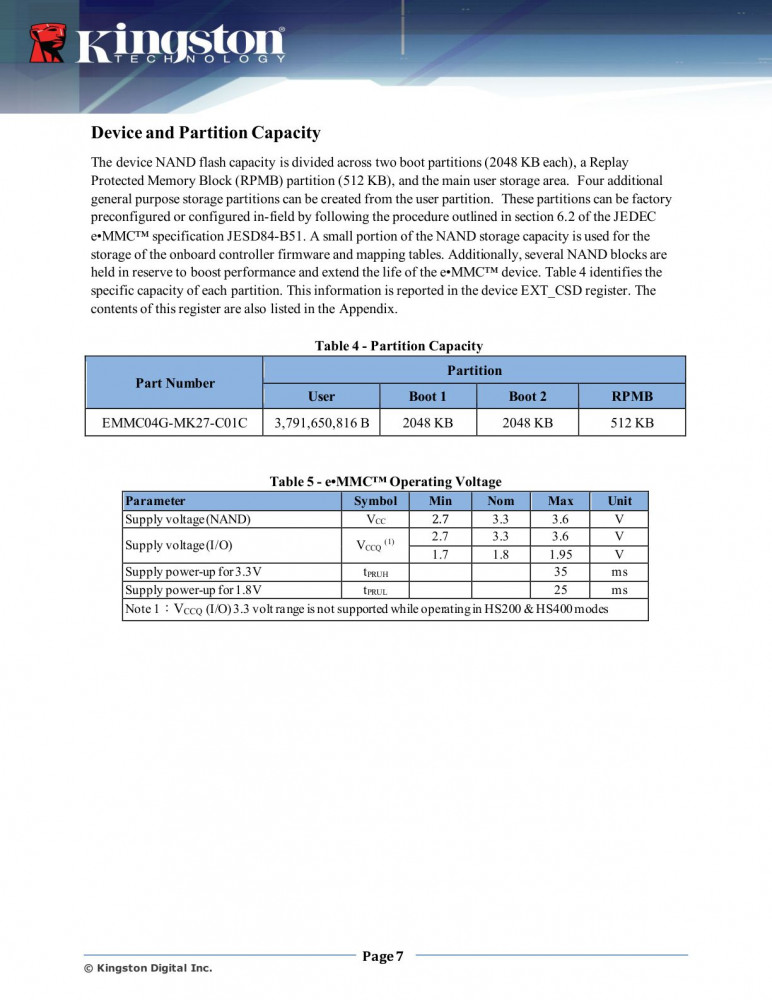 Kingston eMMC datasheet page 7