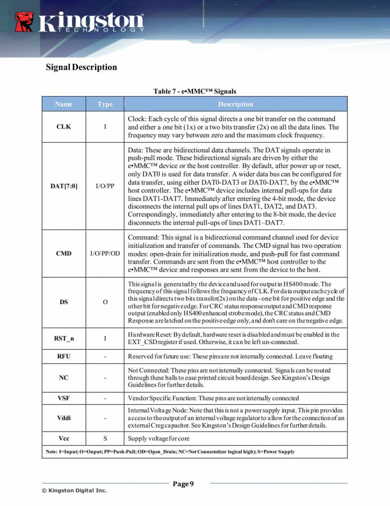 Kingston eMMC datasheet page 9