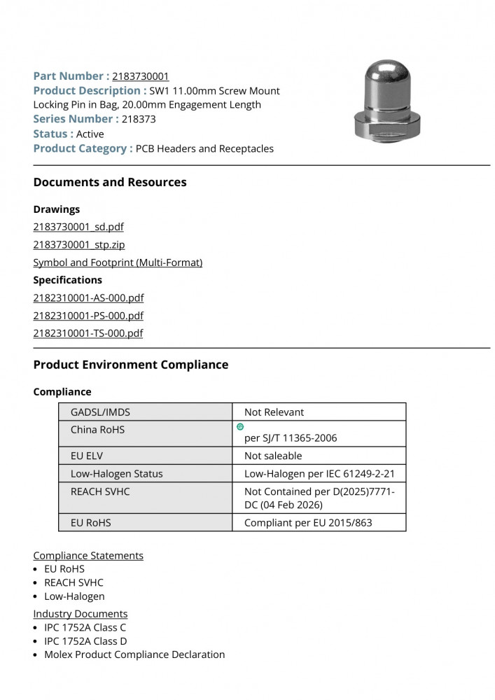 Technical document page 1 for MOLEX 2183730001