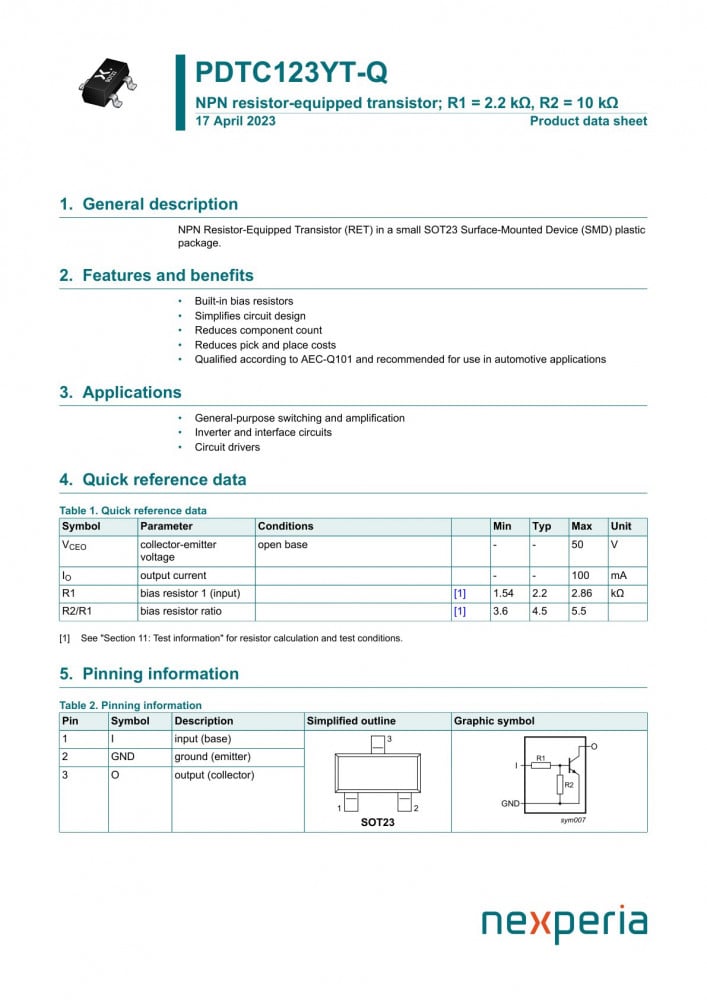 PDTC123YT-QR datasheet page 1