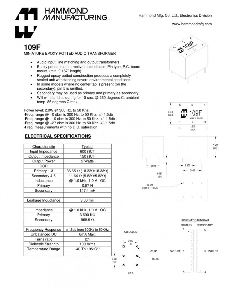 Hammond 109F technical document page 1