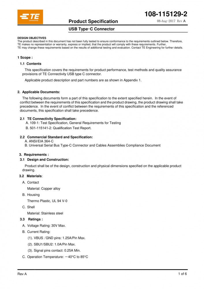TE USB Type-C connector document page 1