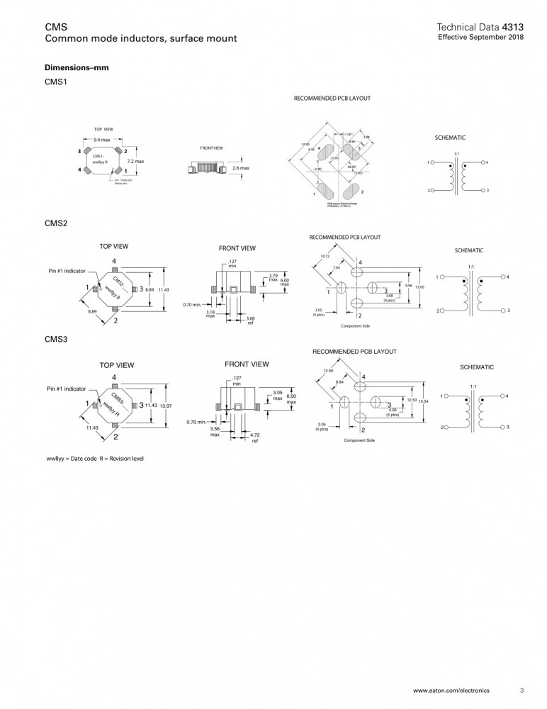 EATON CMS3 common-mode inductor documentation page 3