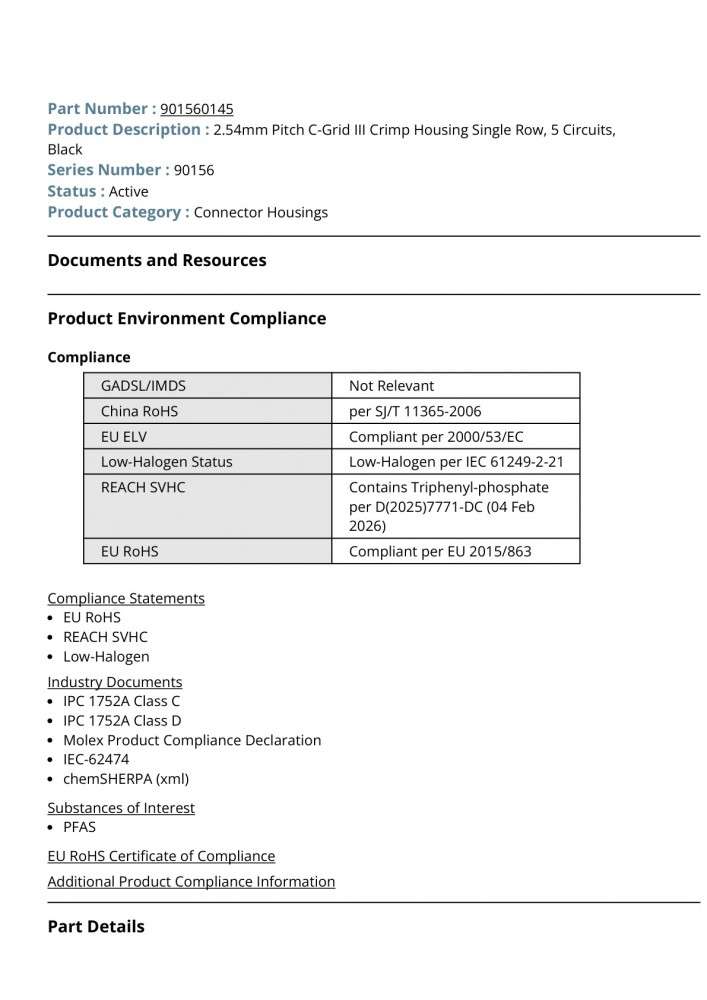 Technical document page 1 for MOLEX 901560145