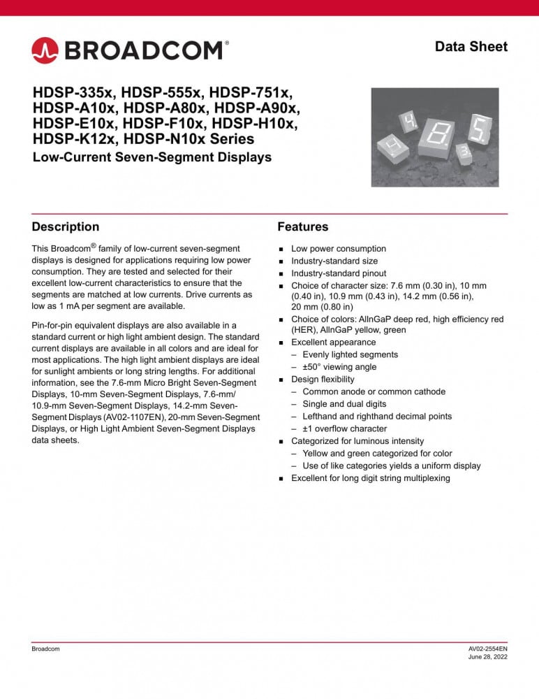 Broadcom HDSP low-current display datasheet page 1