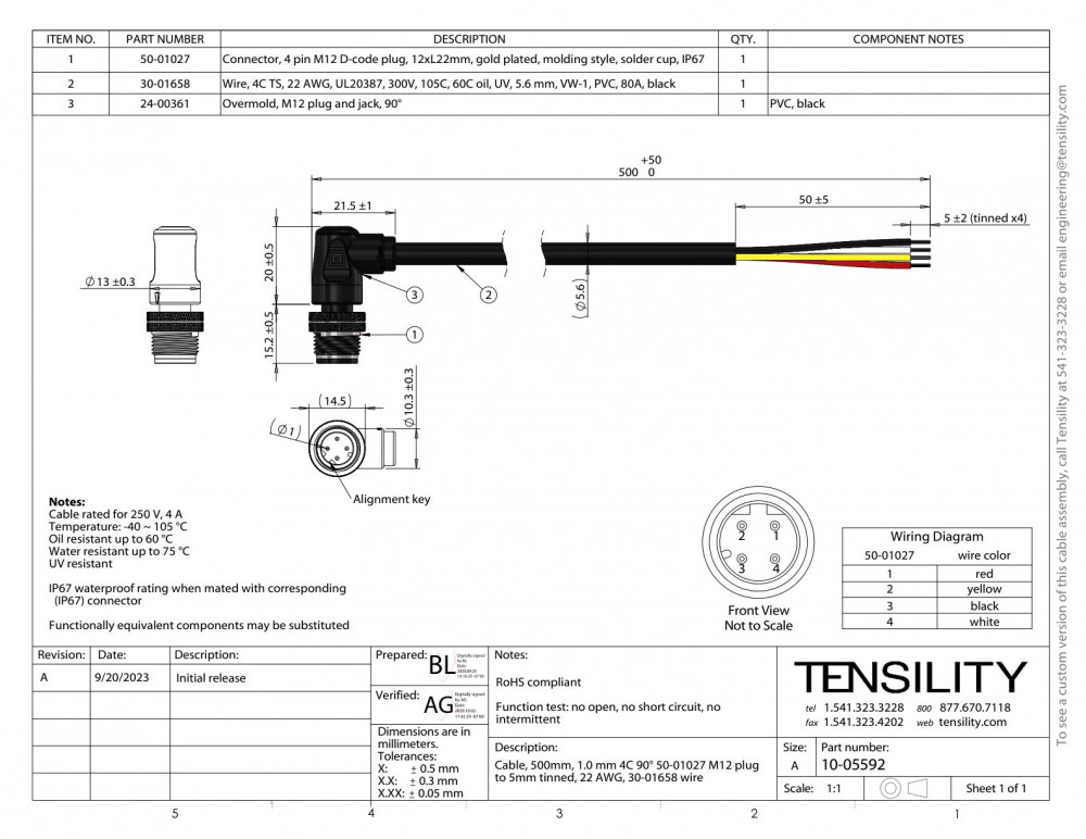 Tensility International 10-05592 cable assembly drawing