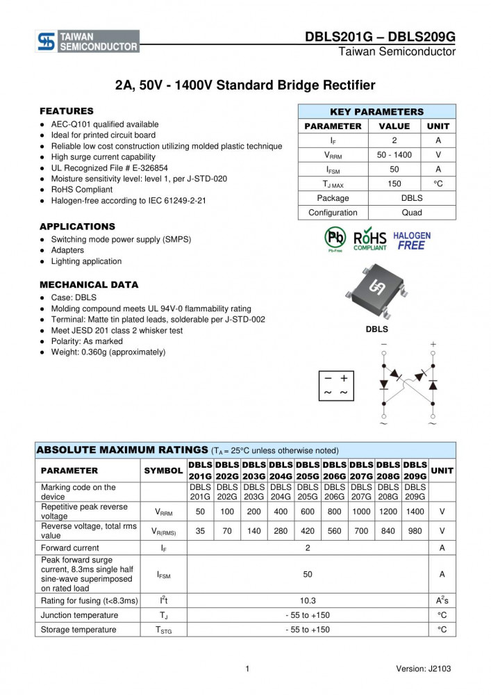 DBLS bridge rectifier datasheet page 1