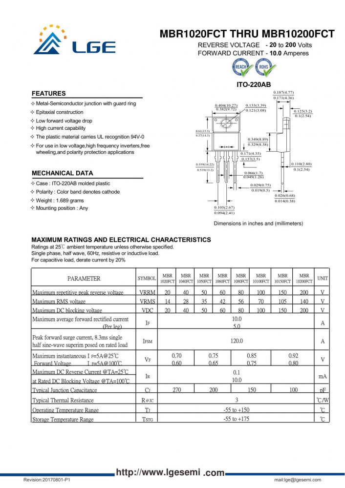 LGE MBR10100FCT datasheet page 1
