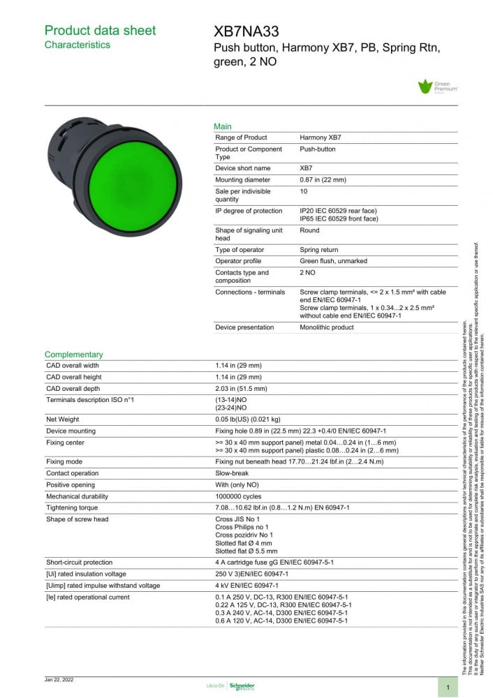 XB7NA33 technical document page 1