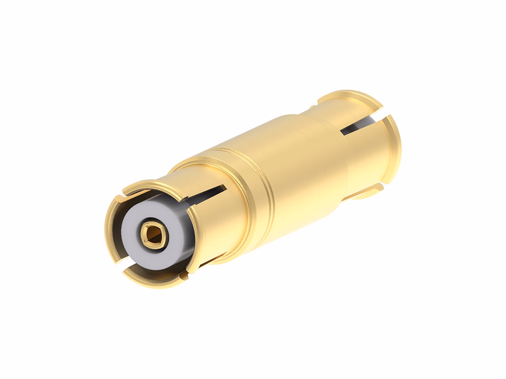 50 Ohms, SMP-MAX Evolution Female-to-SMP-MAX Evolution Female Bullet Adapter, 10.95mm Length, Gold Plated Body, Machined Center Contact, Tray