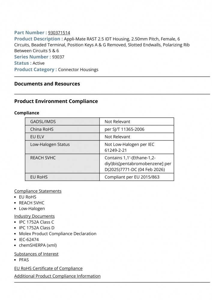 Technical document page 1 for Molex 930371514