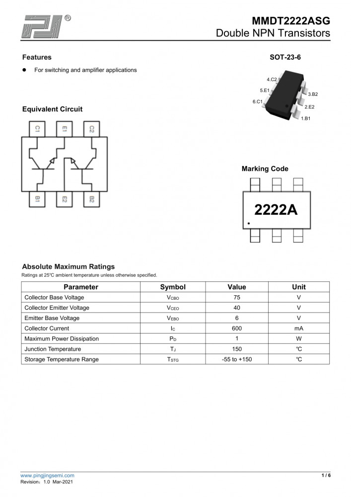 MMDT2222ASG datasheet page 1