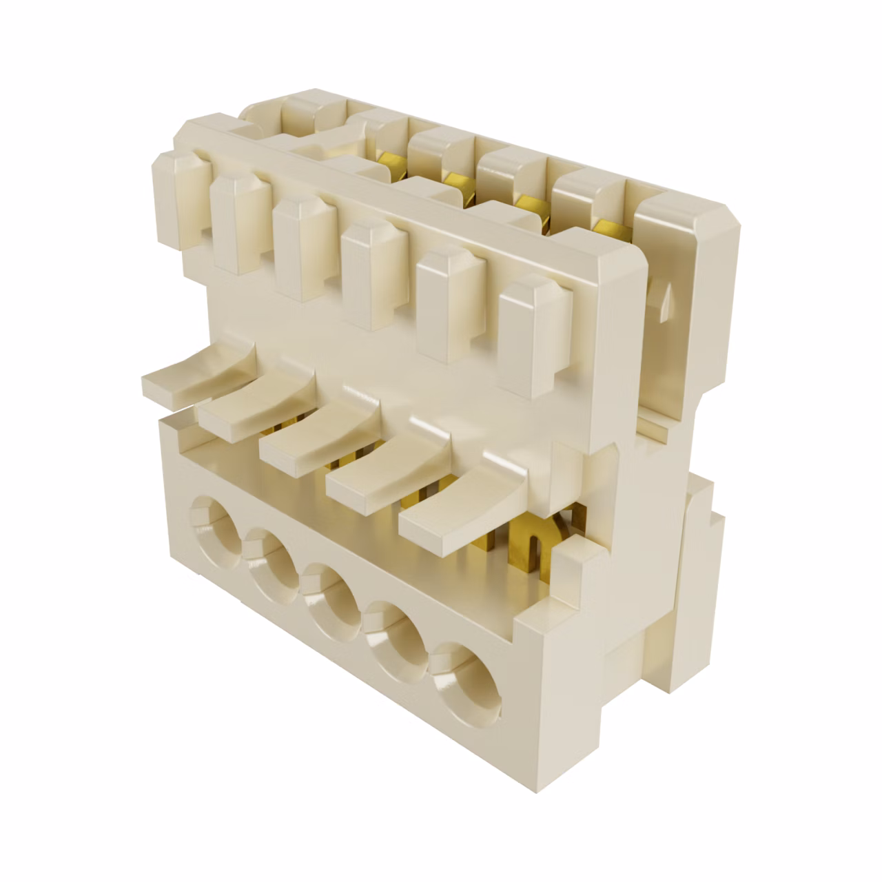 Appli-Mate RAST 2.5 Connector, 2.50mm Pitch, Female, 5 Circuits, No Position Keys Removed, Polarizing Rib Between 1/2, Locking Pips, 1 Slotted and 1 Open Endwall, Gold Plating for sale
