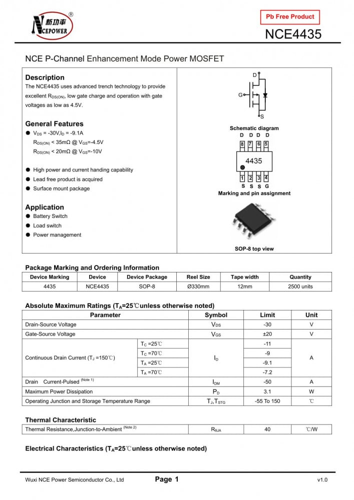 NCE4435 datasheet page 1
