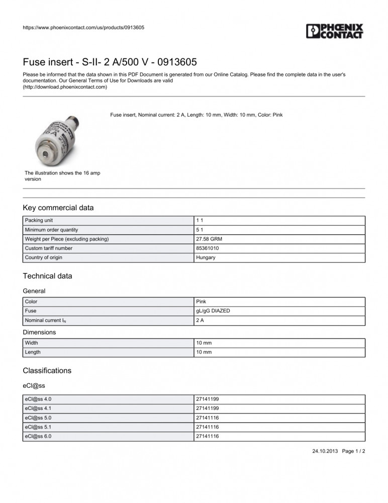 Phoenix Contact 0913605 technical document page 1