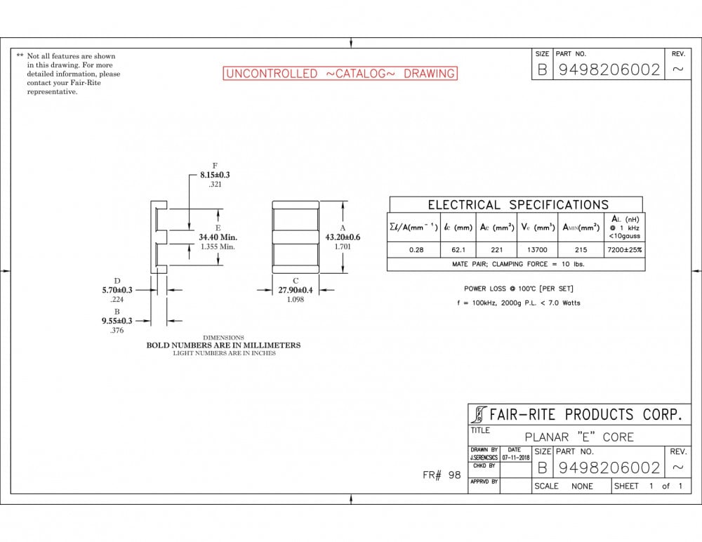 Fair-Rite 9498206002 Planar E Core drawing