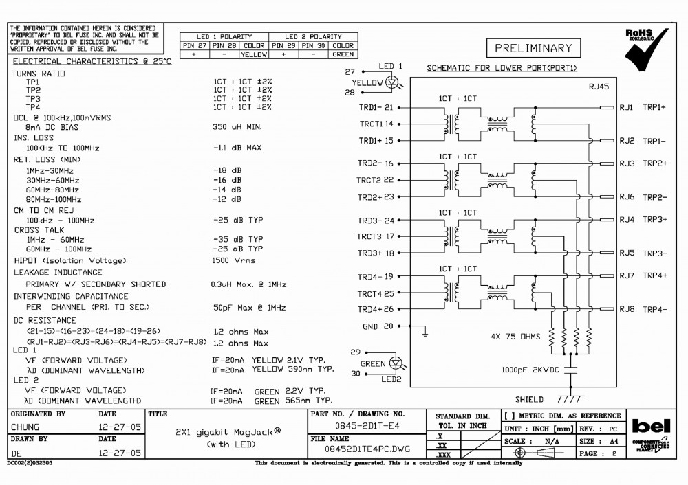 Bel Fuse 0845-2D1T-E4 technical document page 1