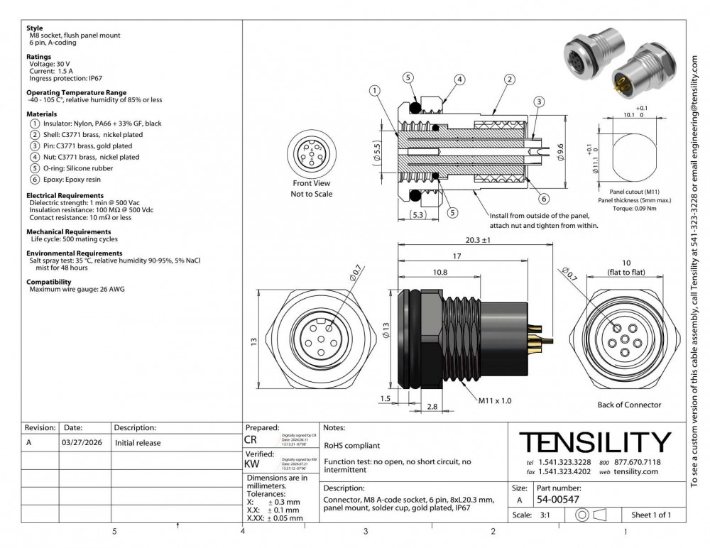 54-00547 M8 A-code 6-pin panel-mount socket product drawing