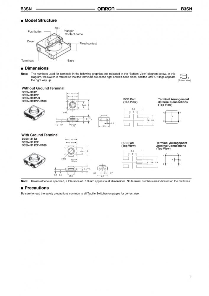 OMRON B3SN tactile switch datasheet page 3