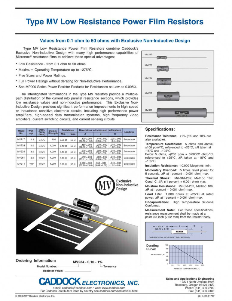 Caddock Type MV low resistance power film resistors product document preview
