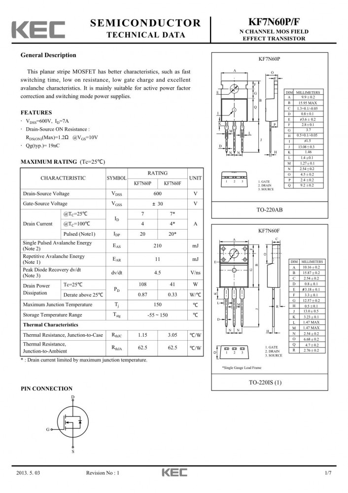 KF7N60F datasheet page 1