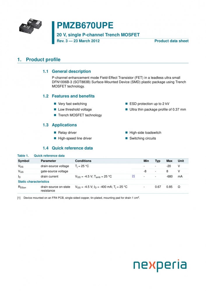 PMZB670UPE datasheet page 1