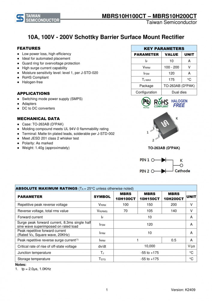MBRS10H200CT datasheet page 1