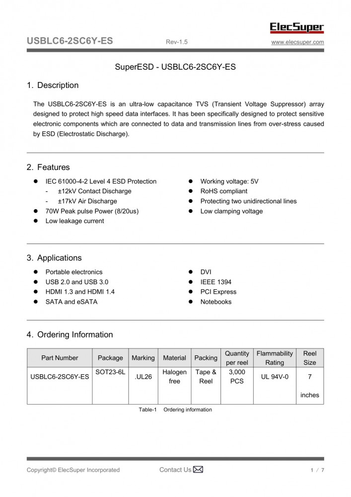 USBLC6-2SC6Y-ES datasheet page 1
