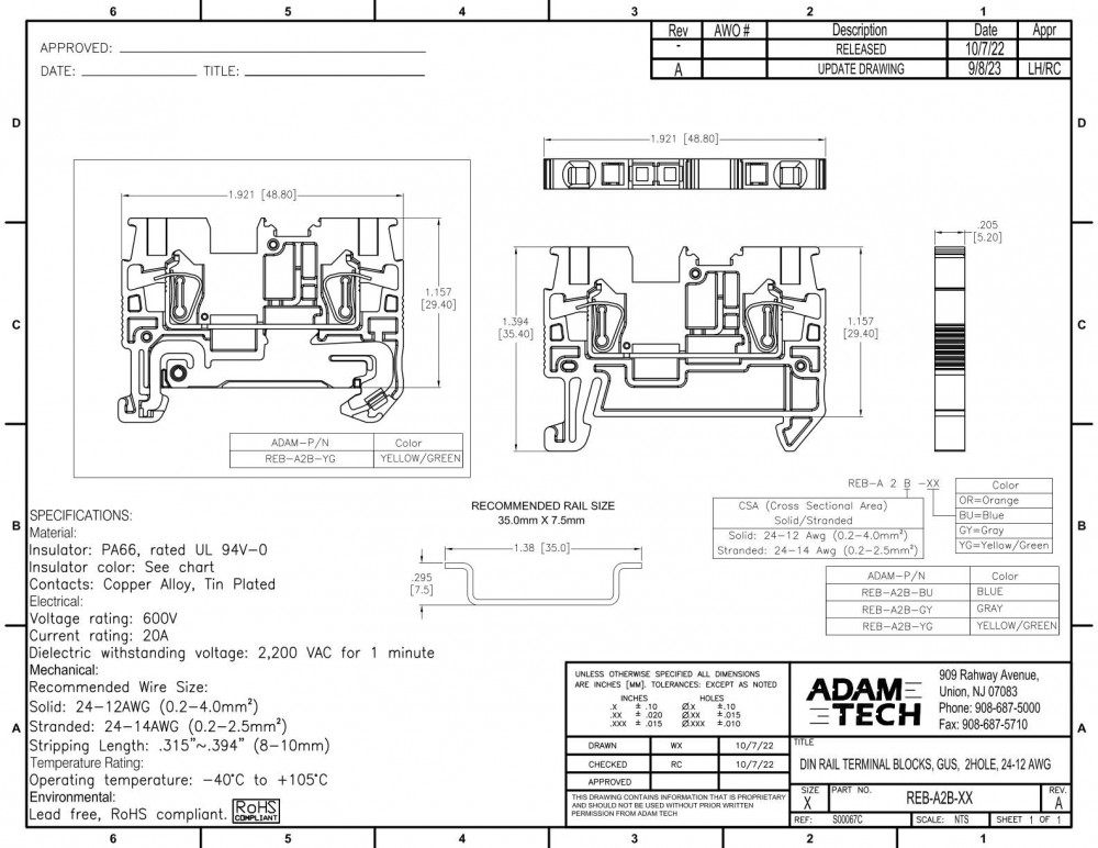 ADAM TECH REB-A2B-XX rail terminal block drawing