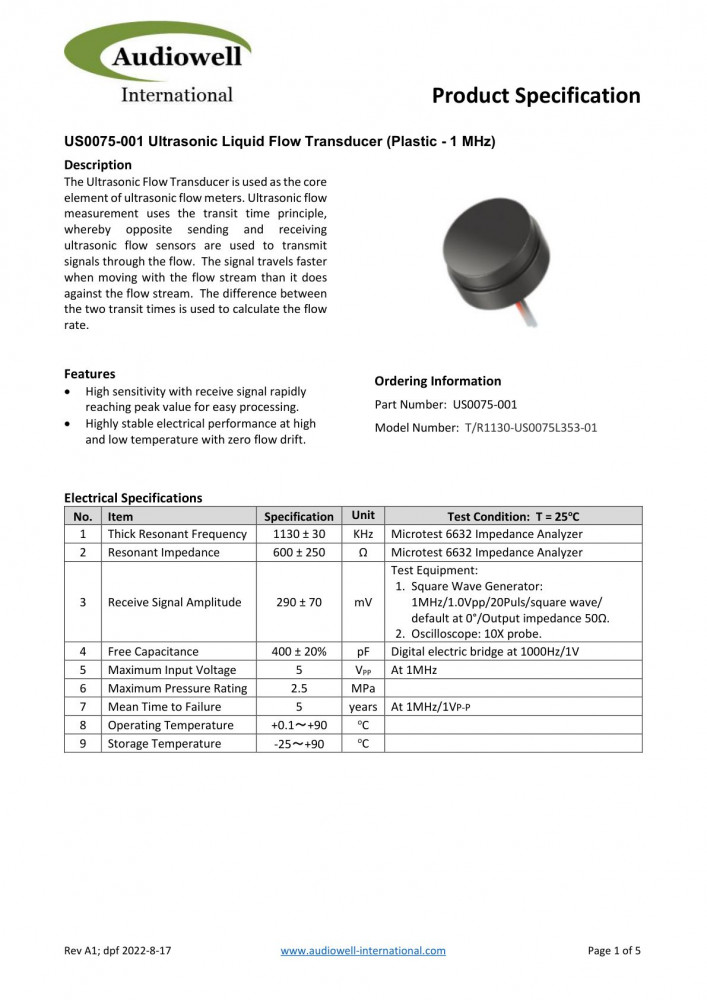 US0075-001 product specification page 1