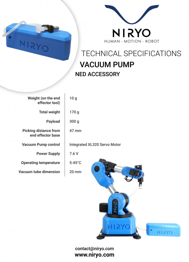 Niryo NED vacuum pump technical specification page