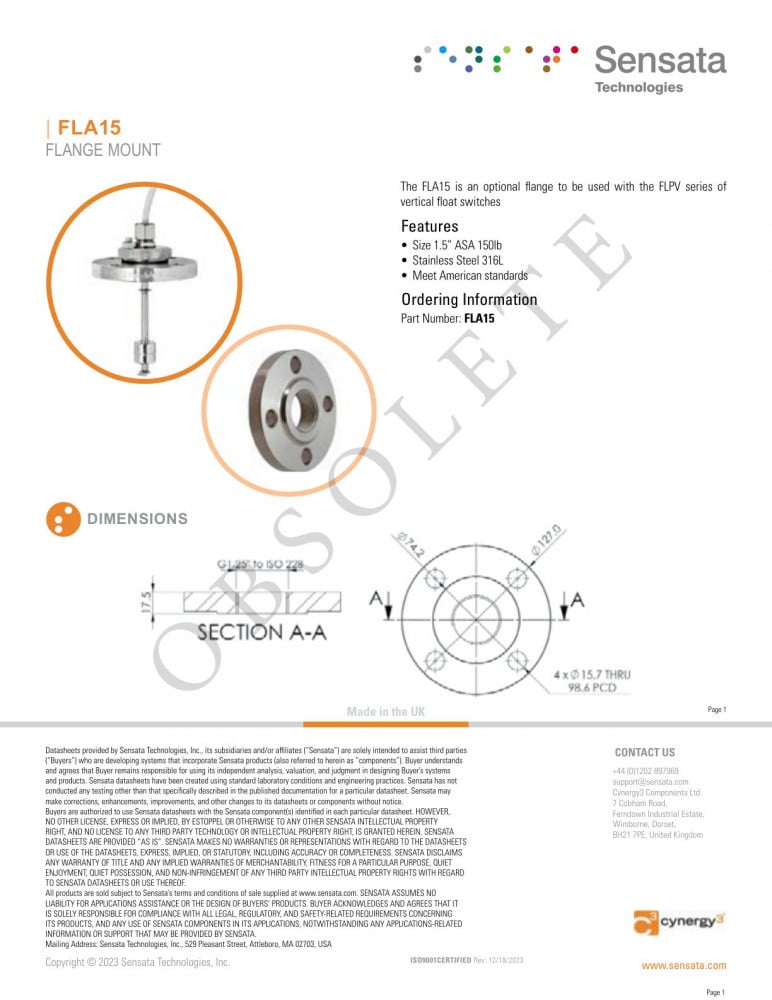 Sensata FLPVA50B200 technical document preview