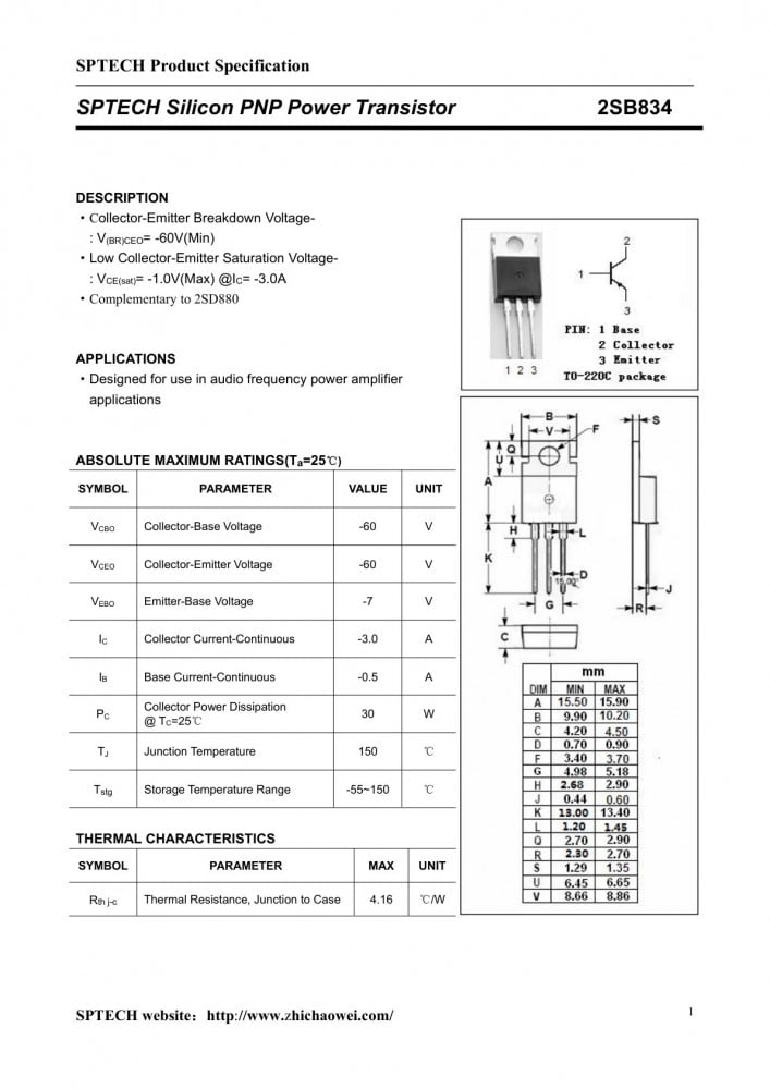 SPTECH 2SB834 datasheet page 1