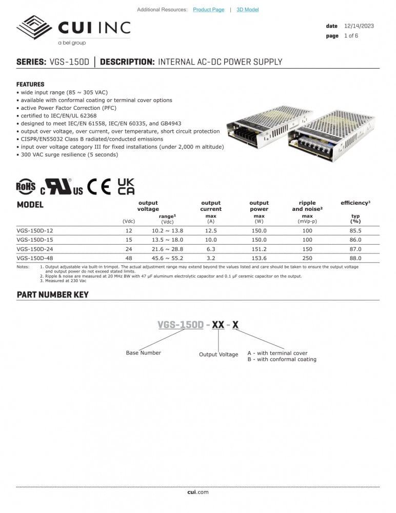 VGS-150D-15 datasheet page 1