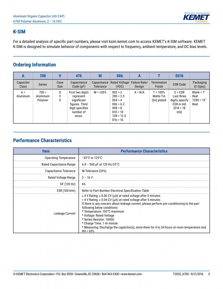 KEMET A700 datasheet page 2
