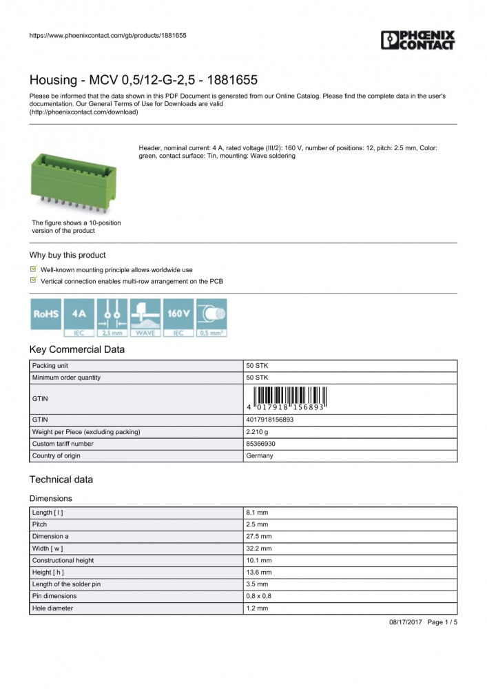 Phoenix Contact 1881655 product data page