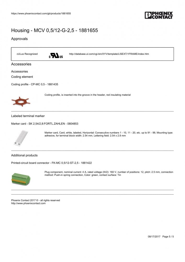 Phoenix Contact 1881655 approvals and accessories
