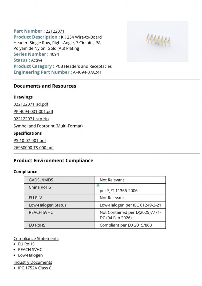 MOLEX 22122071 technical document preview, page 1