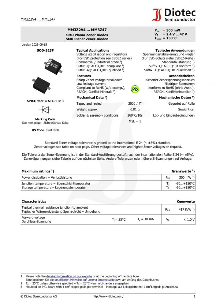 DIOTEC MM3Z3V3 datasheet page 1