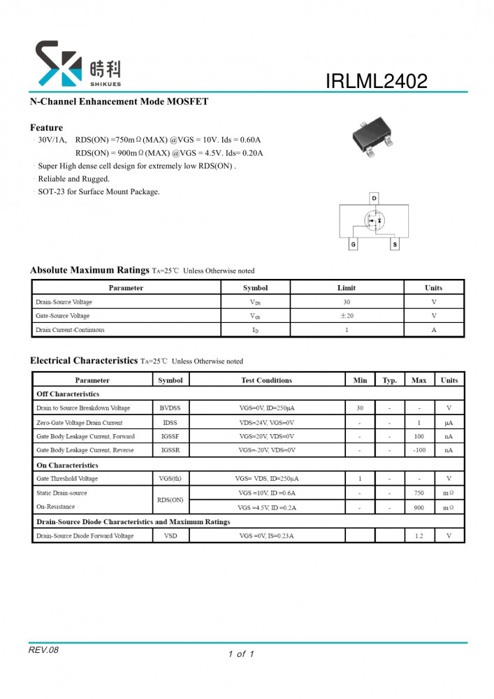 IRLML2402 technical datasheet page