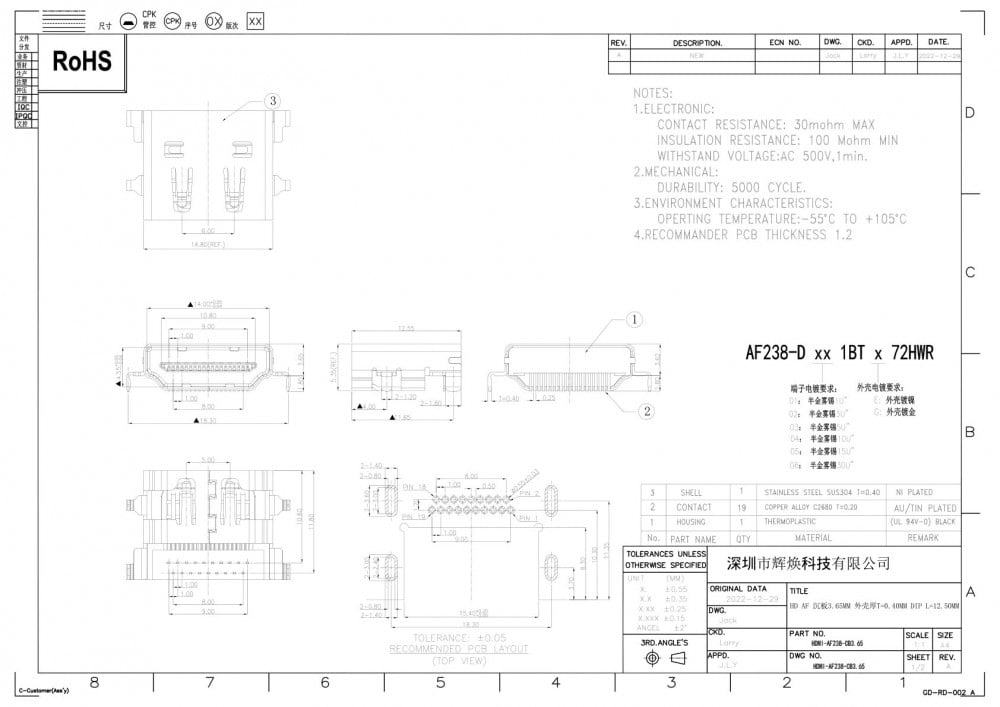 HDMI-AF238-CB3.65 technical drawing page 1