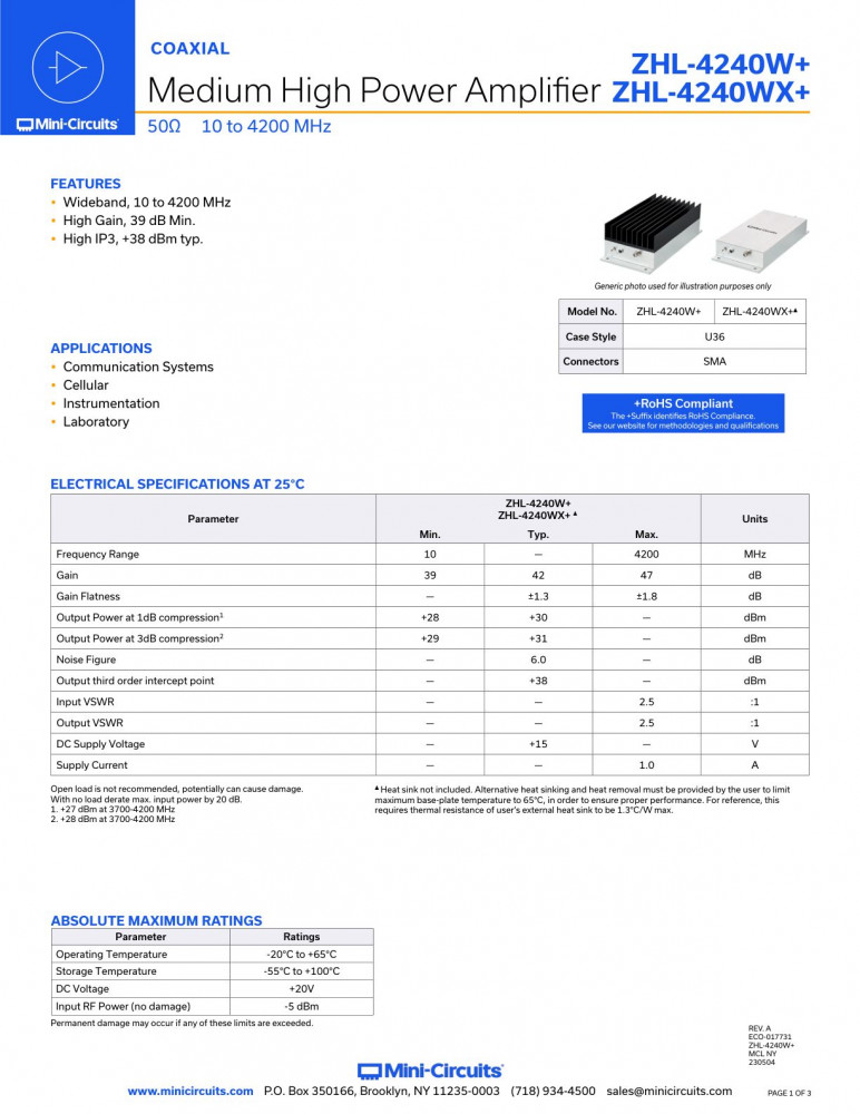 ZHL-4240W+ technical document page 1