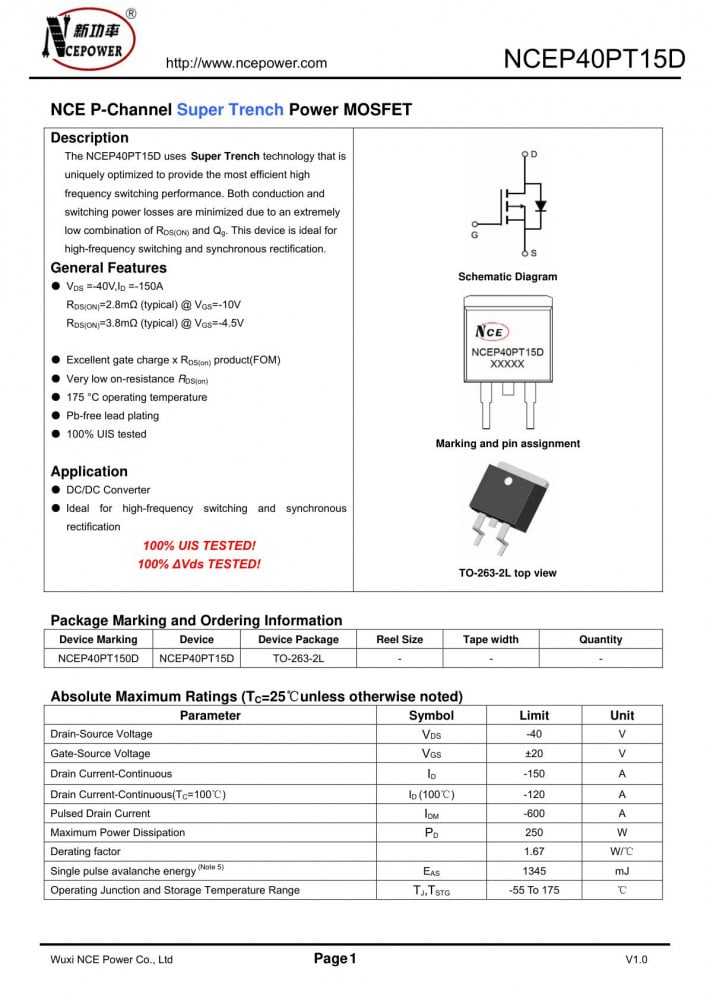 NCEP40PT15D datasheet page 1