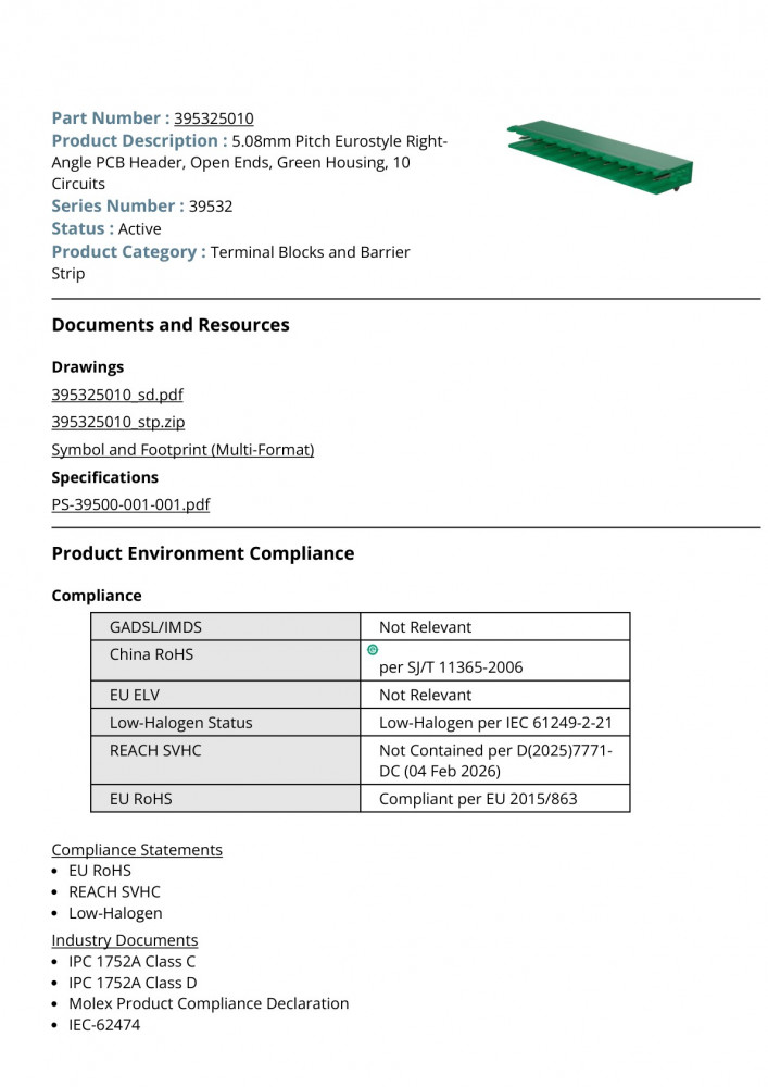 MOLEX 395325010 product document preview, page 1
